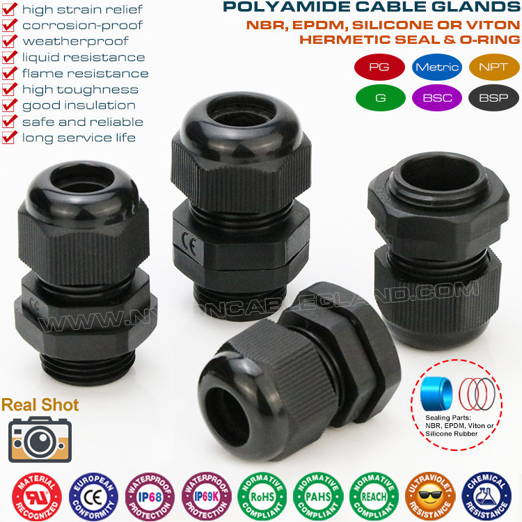 Nylon Plastic Cable Glands IP68 with BSC & BSP Connecting Threads